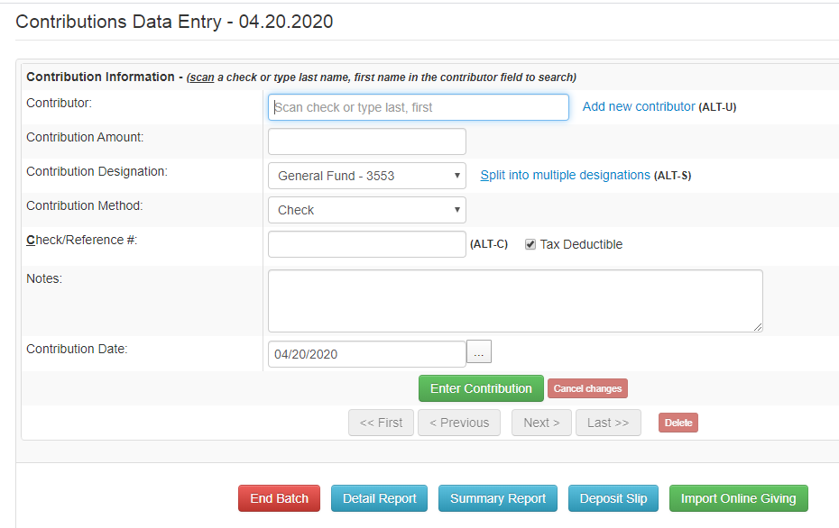 How do I enter giving contributions in Churchteams (Batch Entry)?